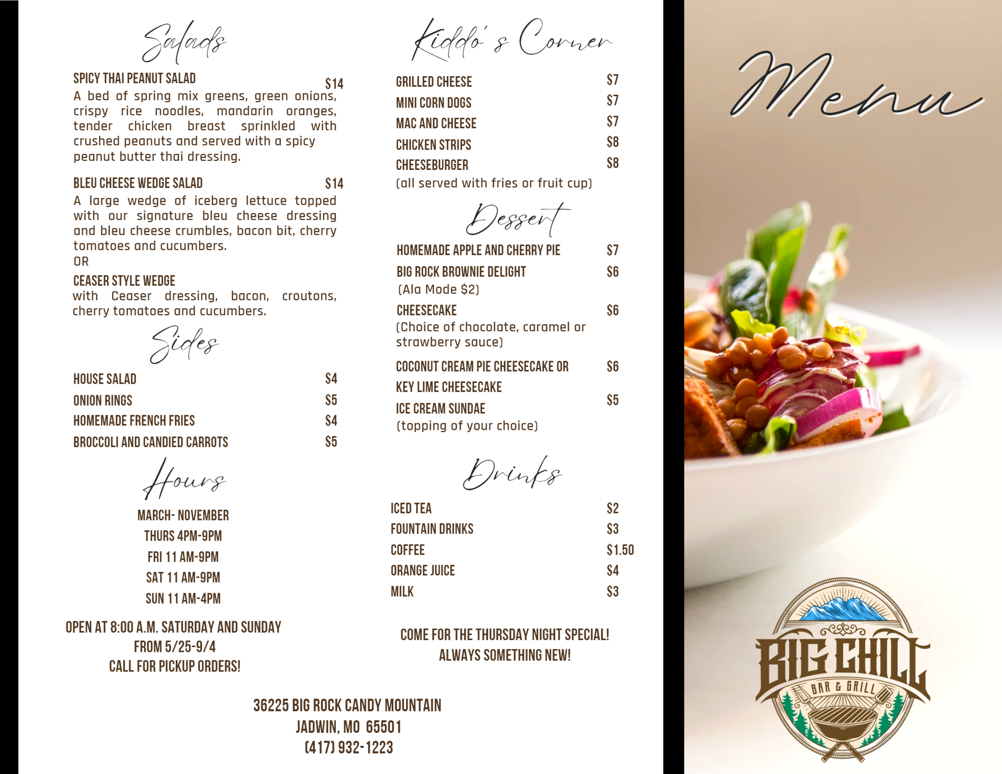 Big Chill Menu Back