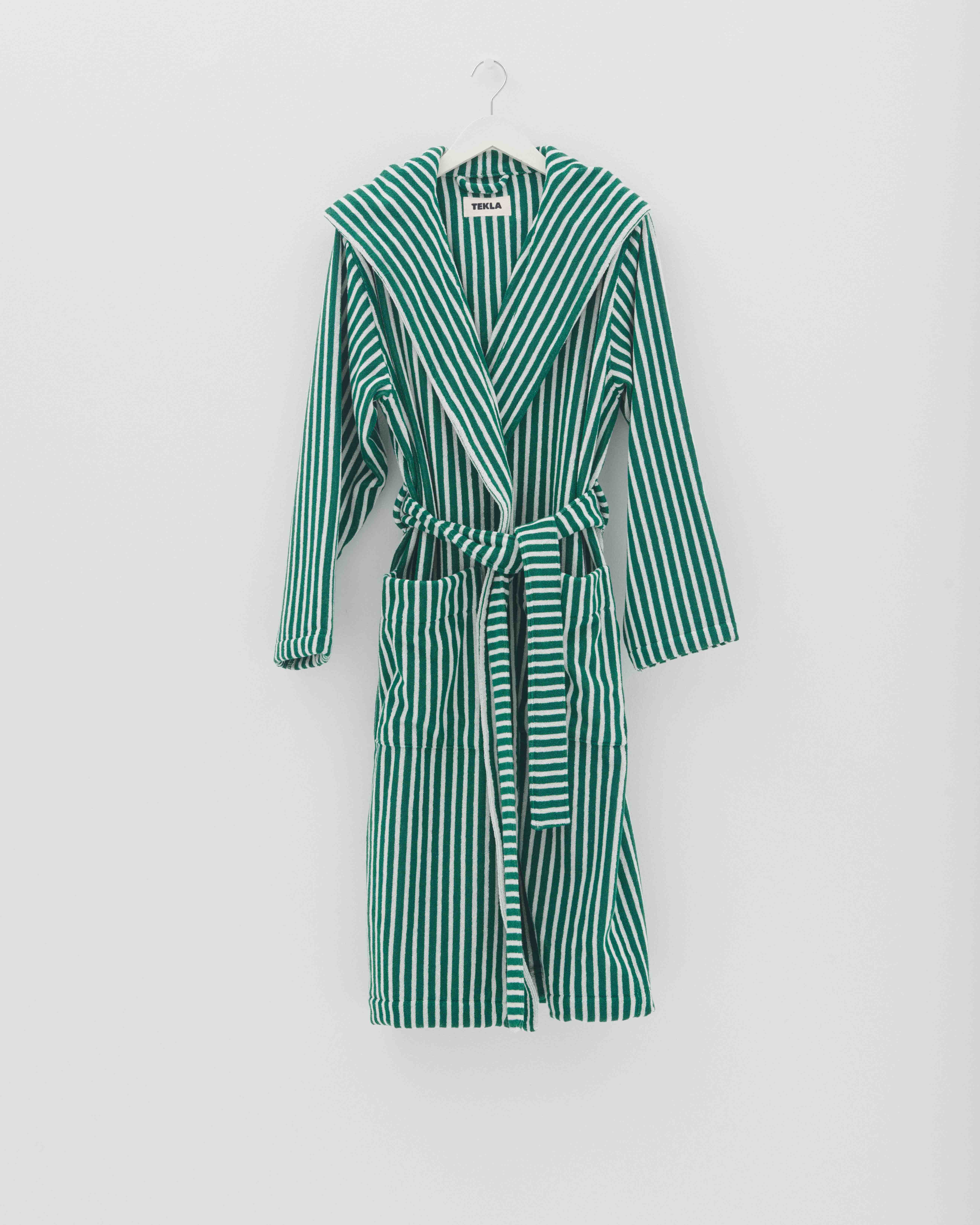 Hooded Bathrobe - Striped - Teal Green Stripes | Tekla Fabrics