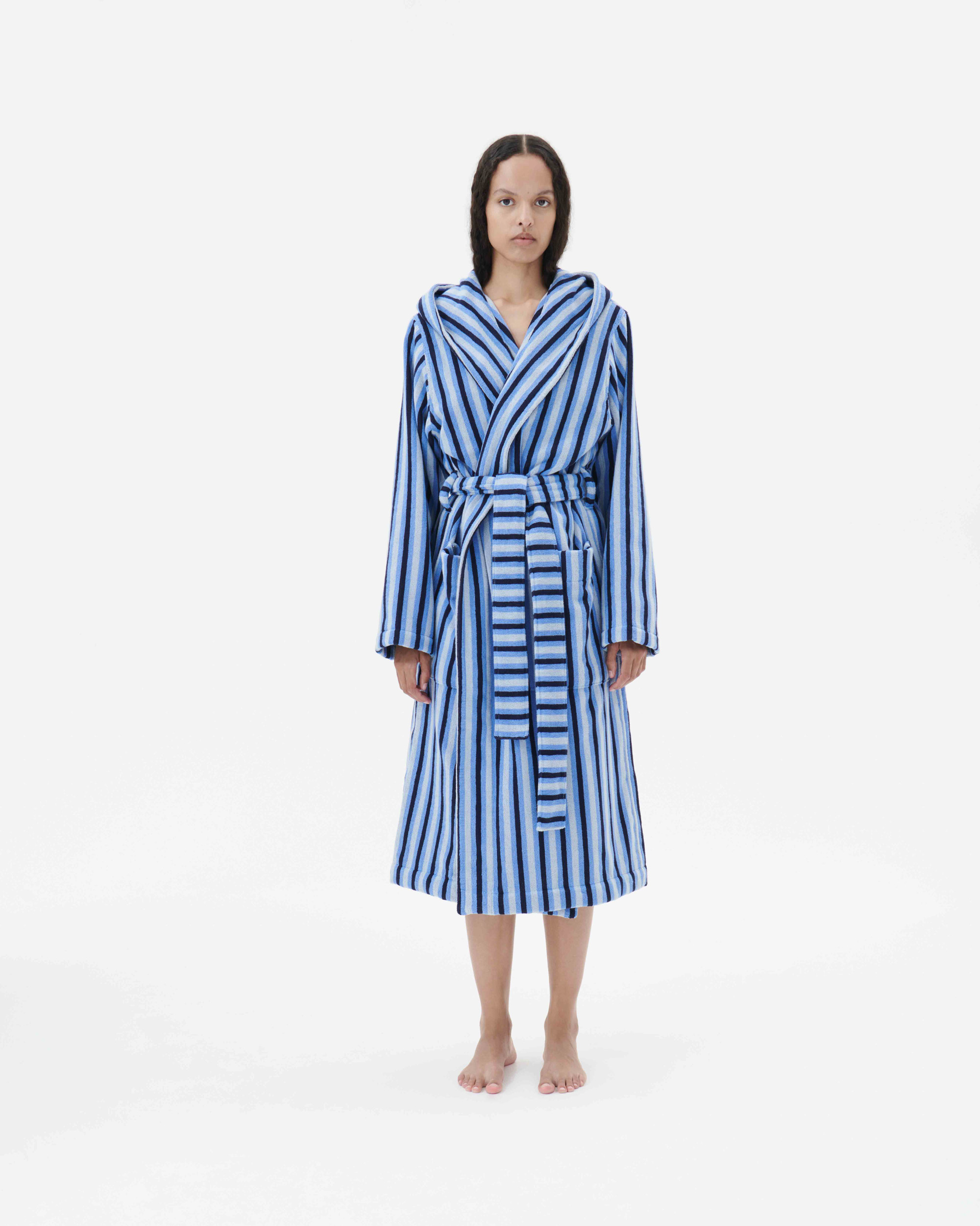 Hooded bathrobe – striped – Racing Green Stripes | Tekla Fabrics