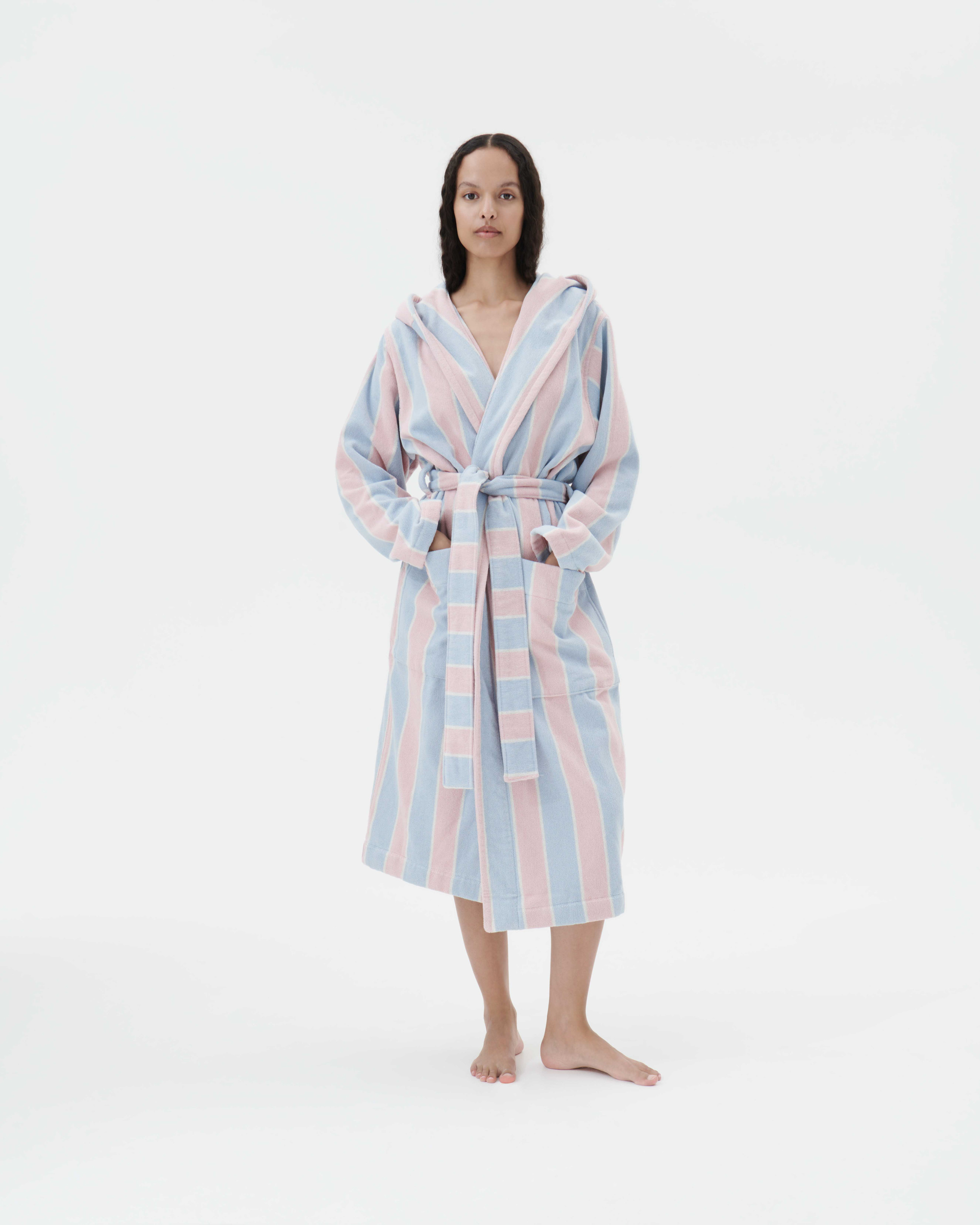 Hooded Bathrobe - Striped - Soft Blue Stripes | Tekla Fabrics