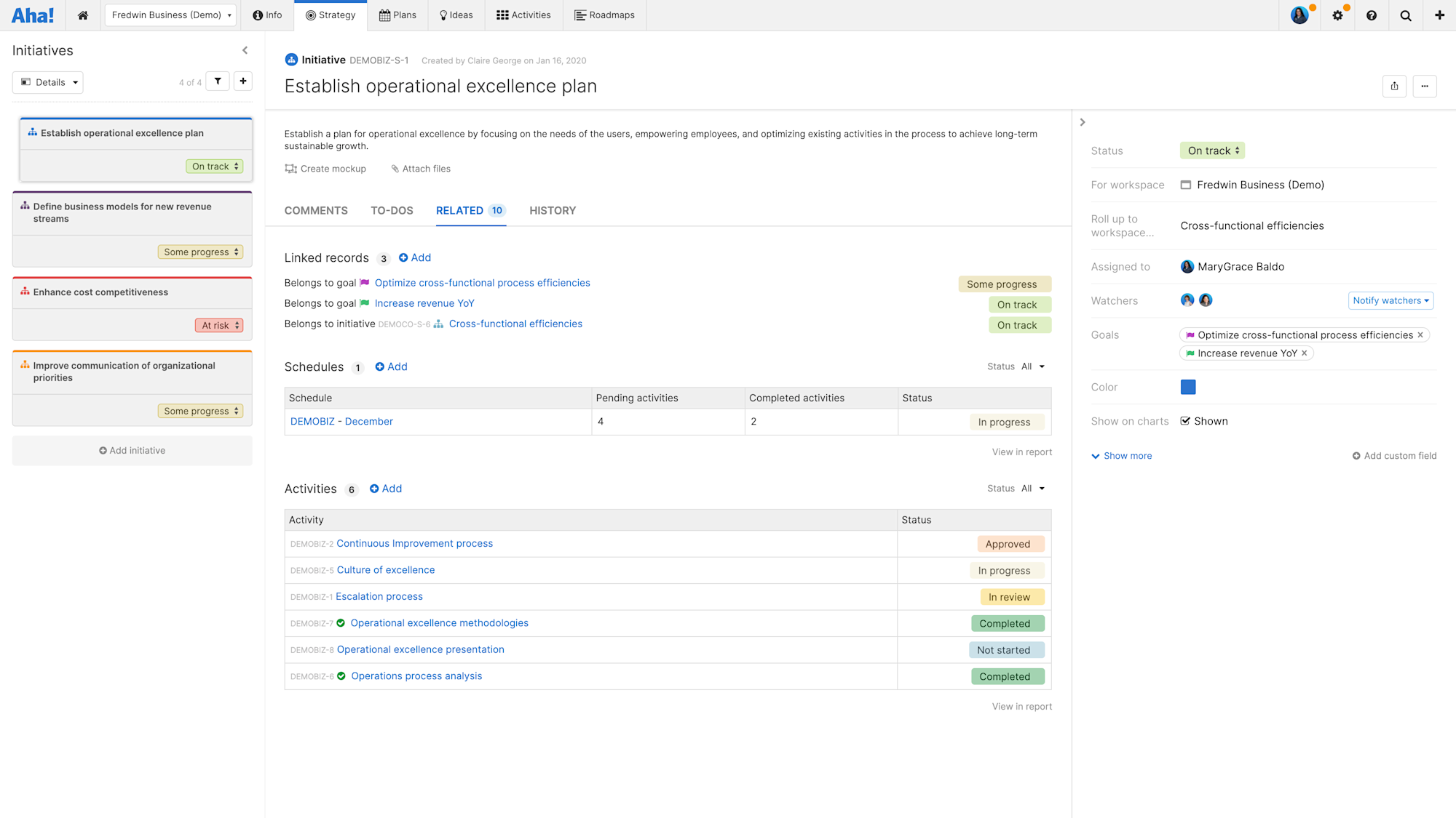 Explore a business operations workspace in your account | Aha!