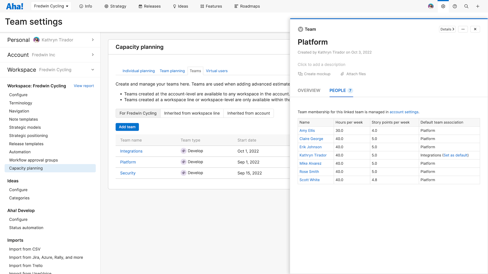 View Individual Estimates by Team on One Capacity Report | Aha! software