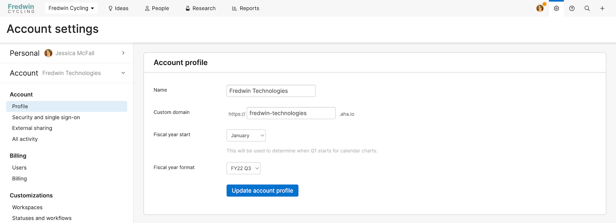 Aha! Ideas | Account settings | Aha! software