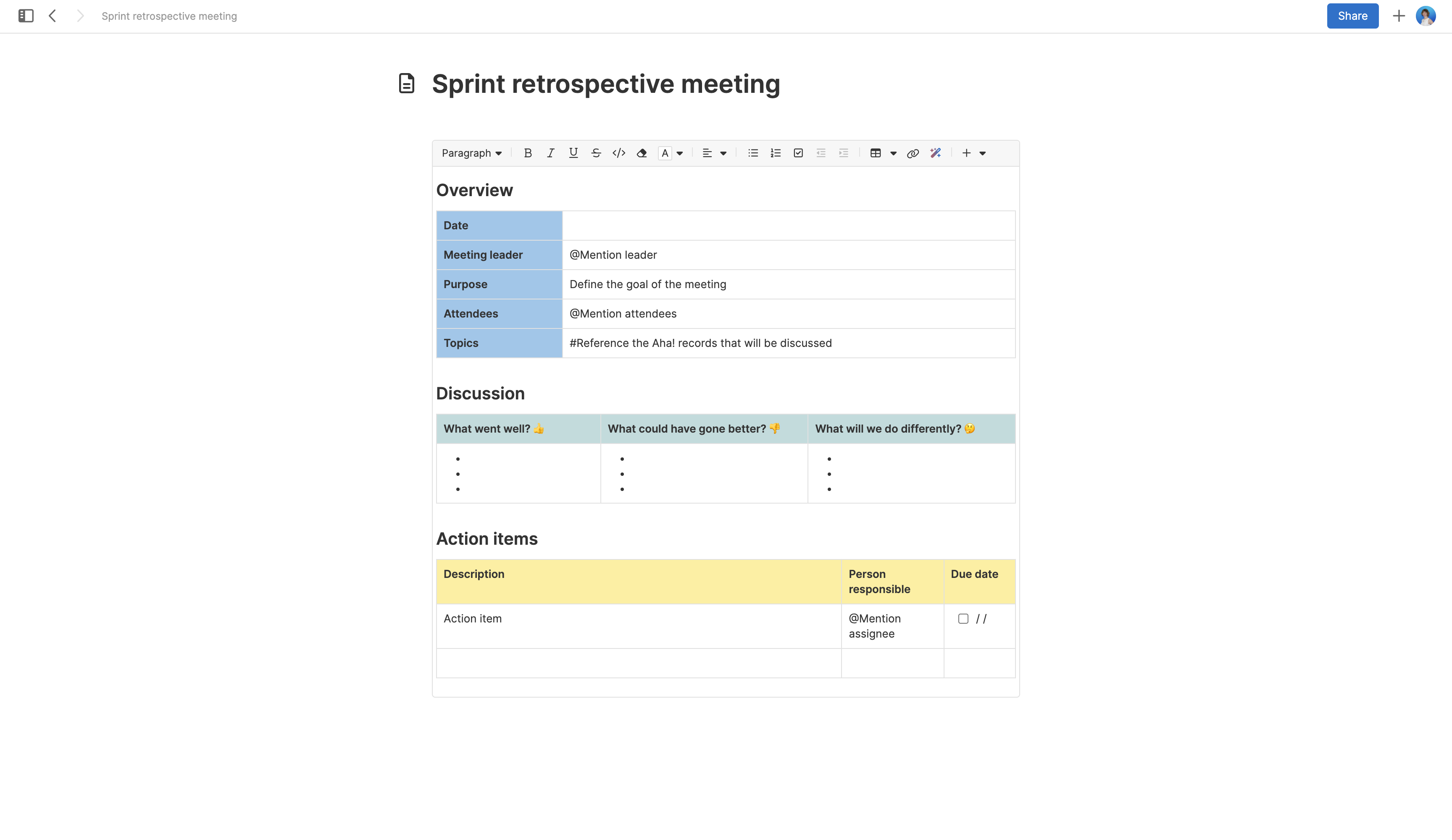 Sprint retrospective meeting Template - Create a Sprint retrospective ...