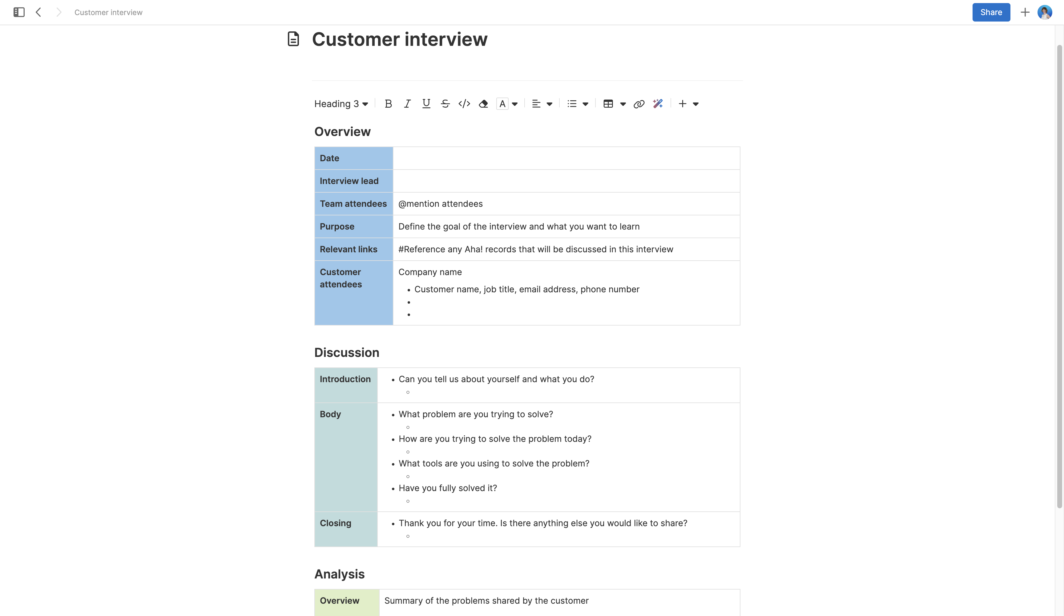 Customer interview template - Create a customer interview | Aha! software