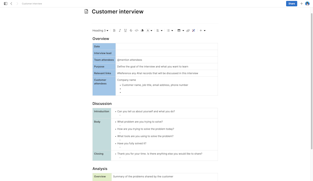 Customer interview template - Create a customer interview | Aha! software