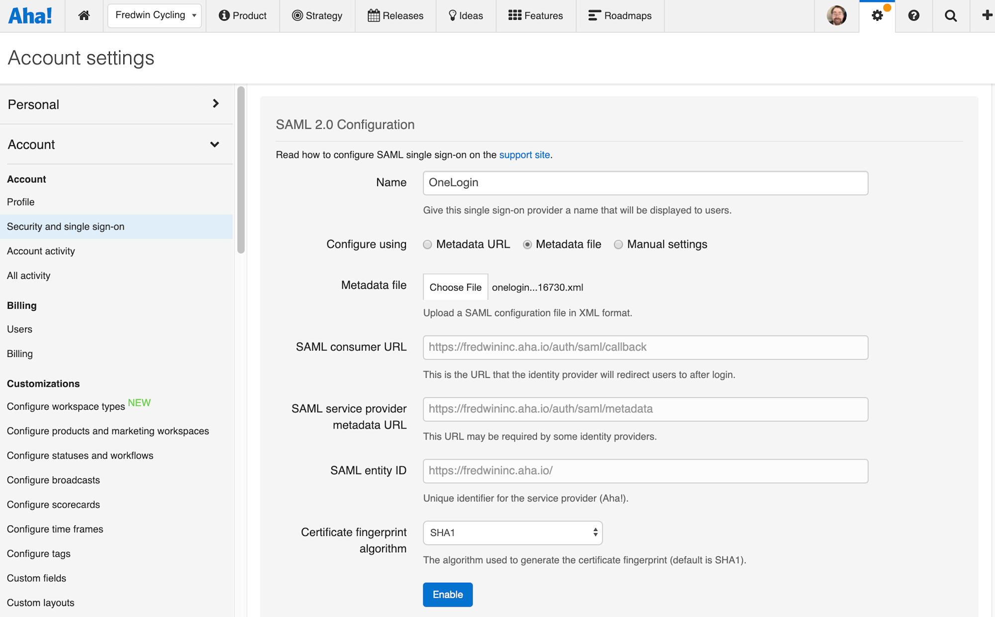 Configure Single Sign On With Saml 2 0 Aha