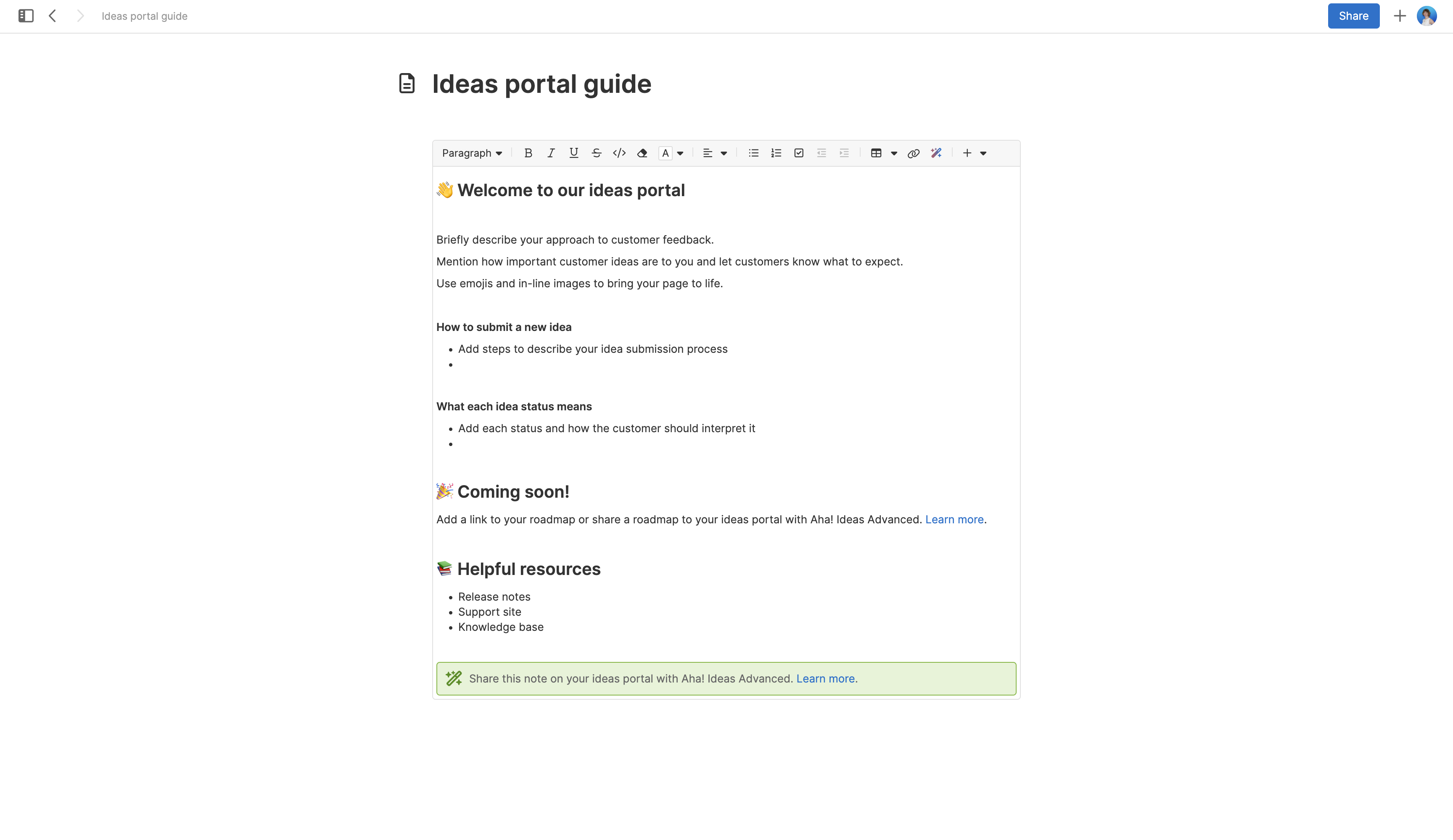 Ideas portal guide Template - Create a Ideas portal guide | Aha! software