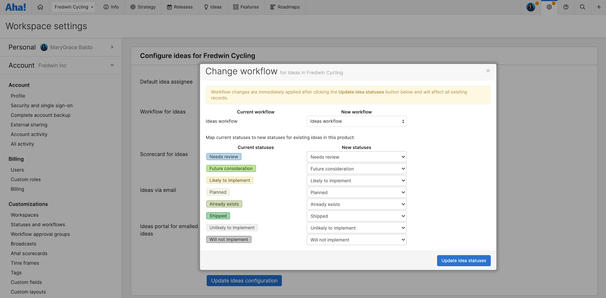 Aha! Roadmaps | Statuses and workflows | Aha! software