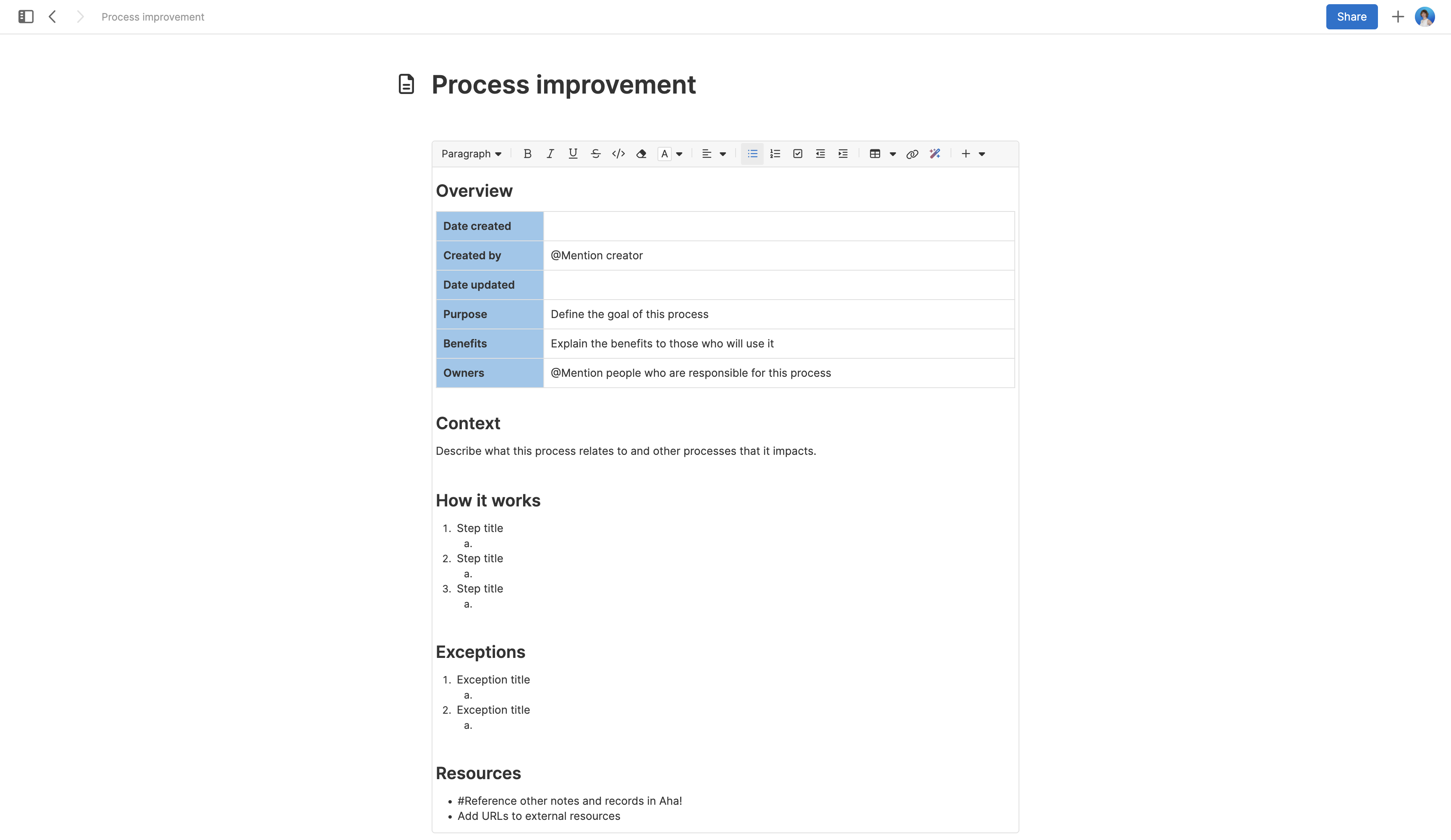 Process improvement Template - Create a Process improvement | Aha! software
