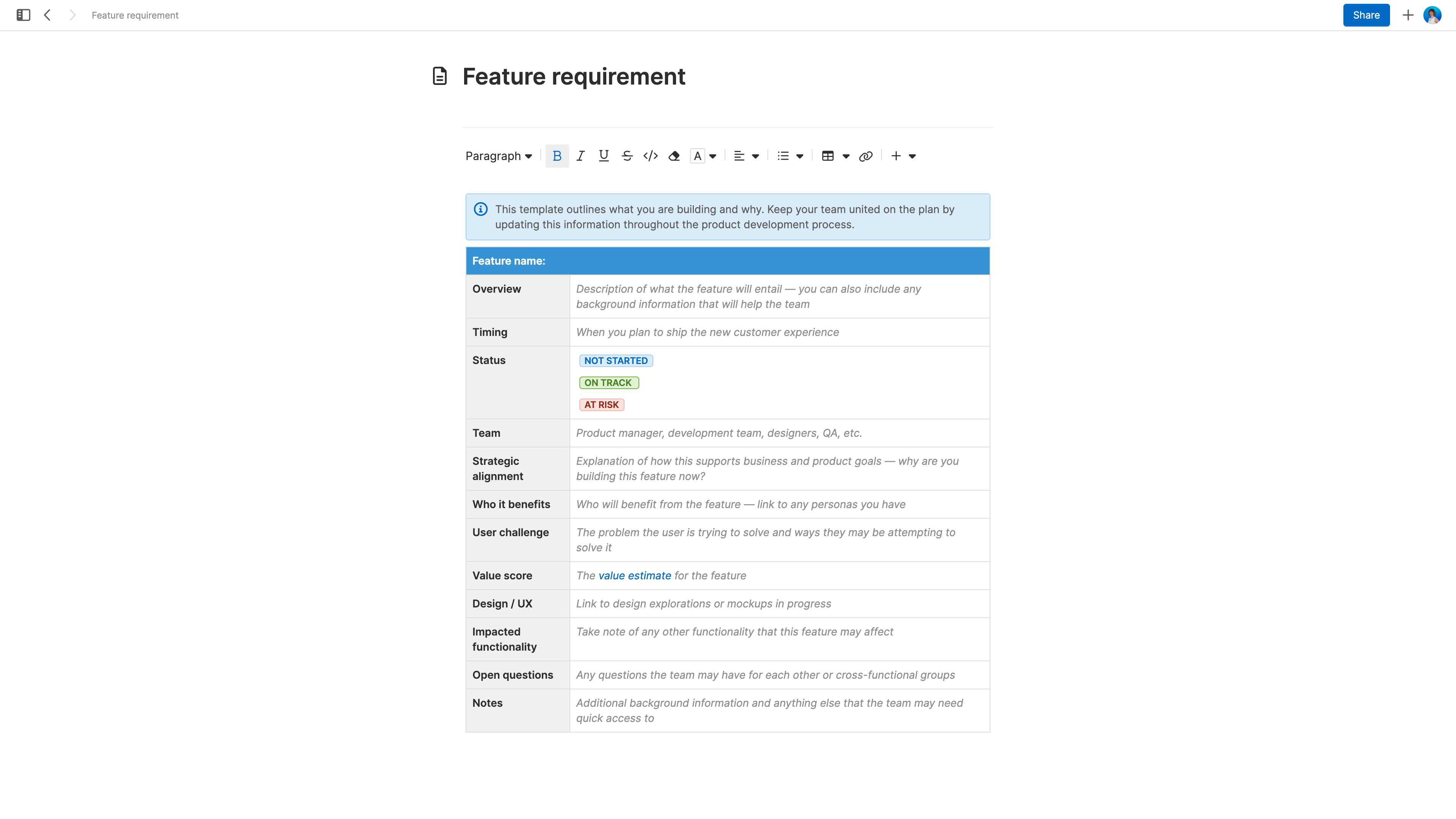 Feature requirement template - Create a Feature requirement | Aha! software