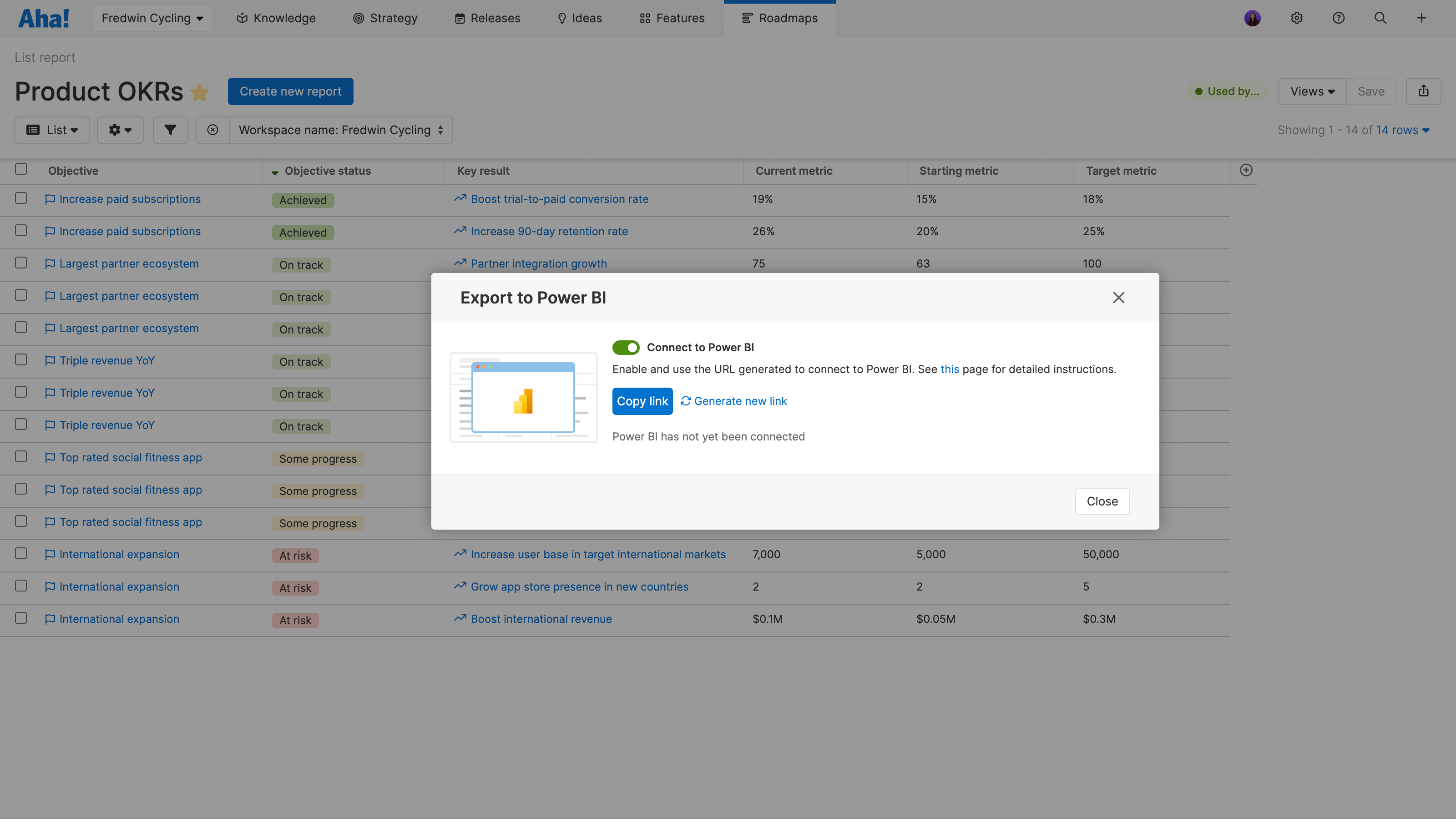 Power BI integration for Aha! Roadmaps