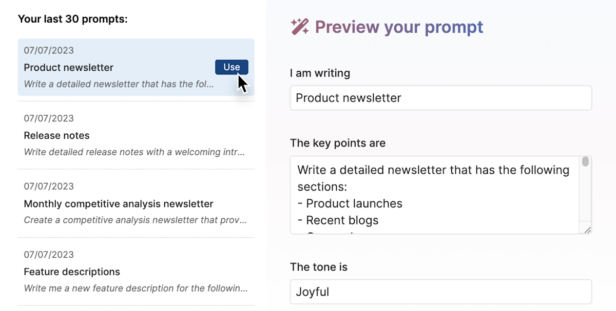 Access Your Previous Prompts in the AI Writing Assistant | Aha! software