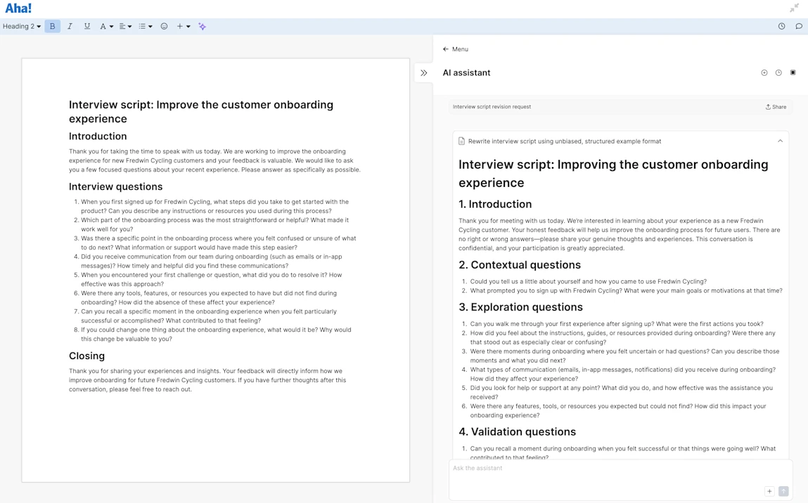 Interview script format Aha! Instruction