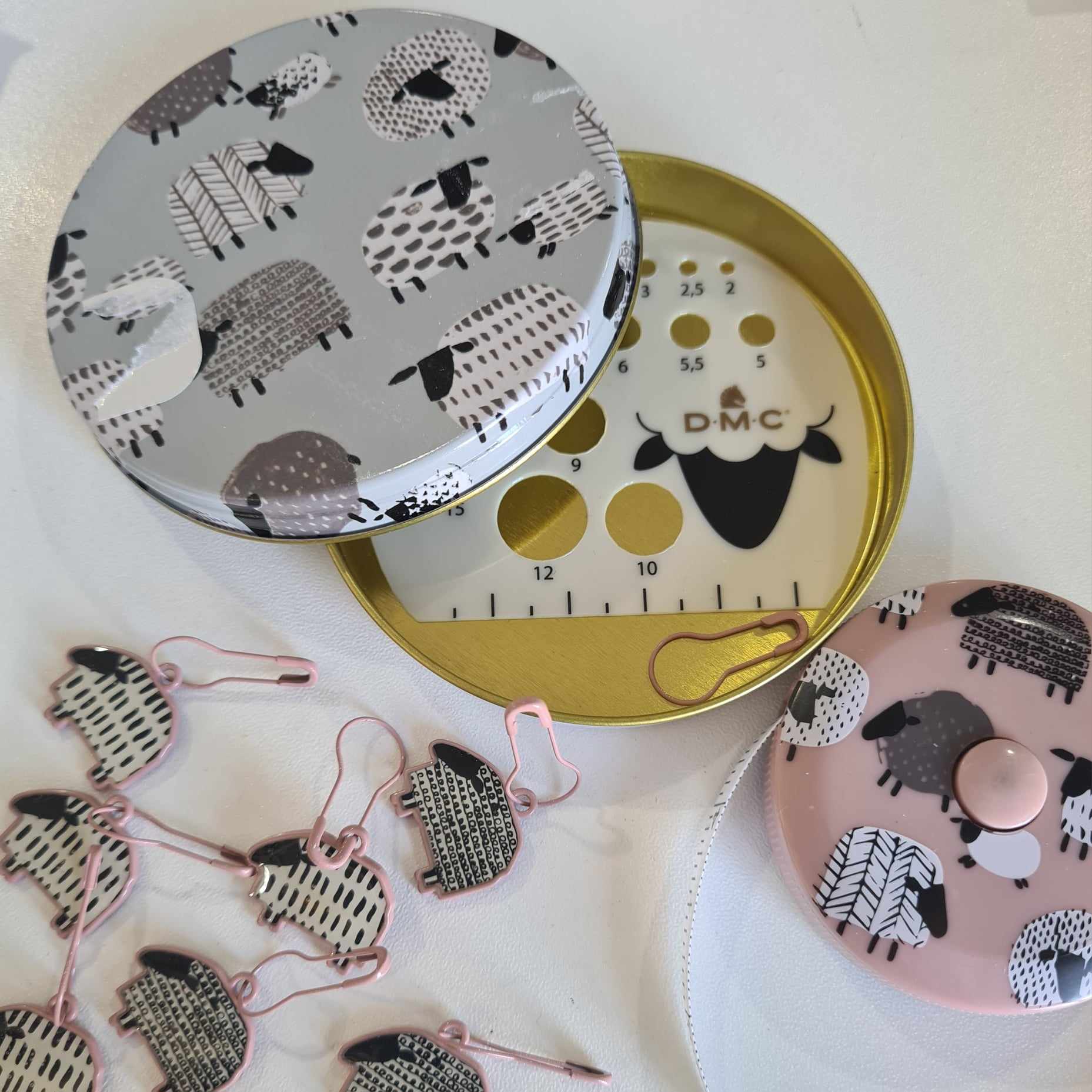 DMC - Sheep stitch markers in tin and tape measure set | Craftee Cottage
