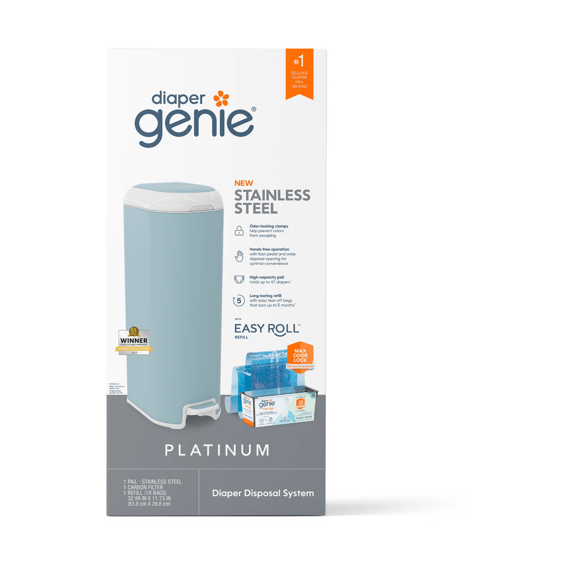 Diaper Genie Platinum Stainless Steel Diaper Pail with Easy Roll Refill ...