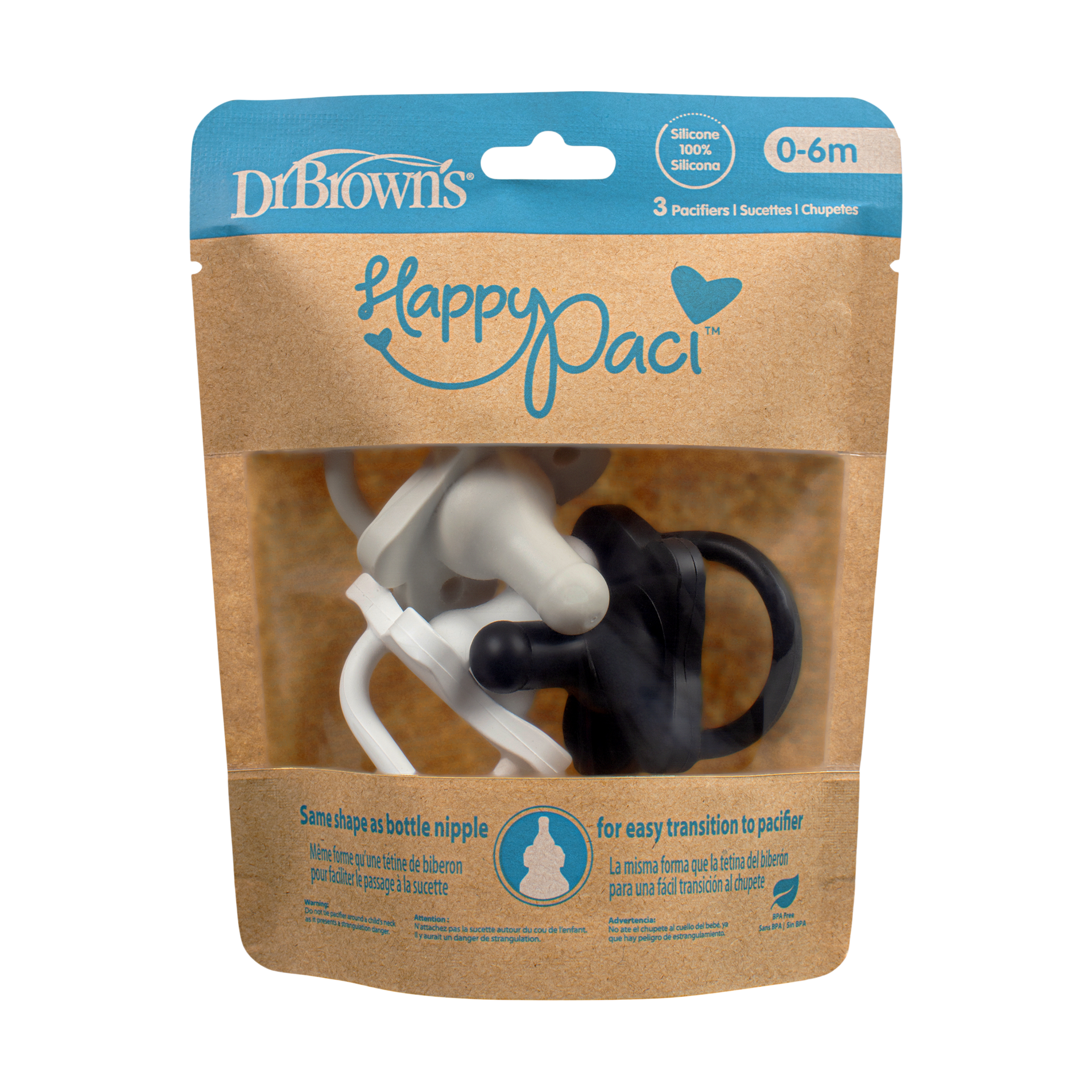Dr. Brown's HappyPaci One-Piece Silicone Pacifier (3 Pack) - Black ...