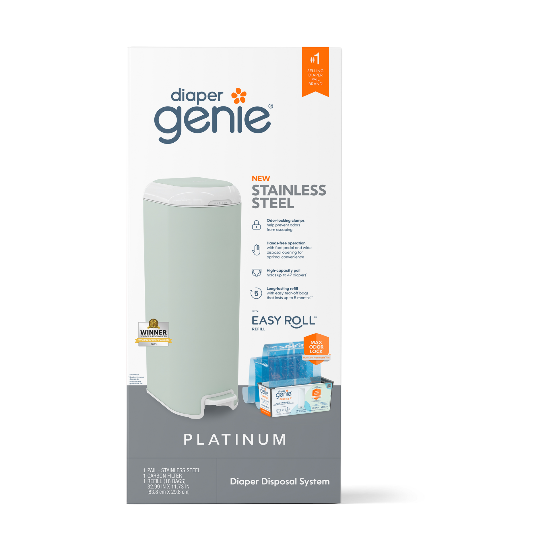 Diaper Genie Platinum Stainless Steel Diaper Pail with Easy Roll Refill ...