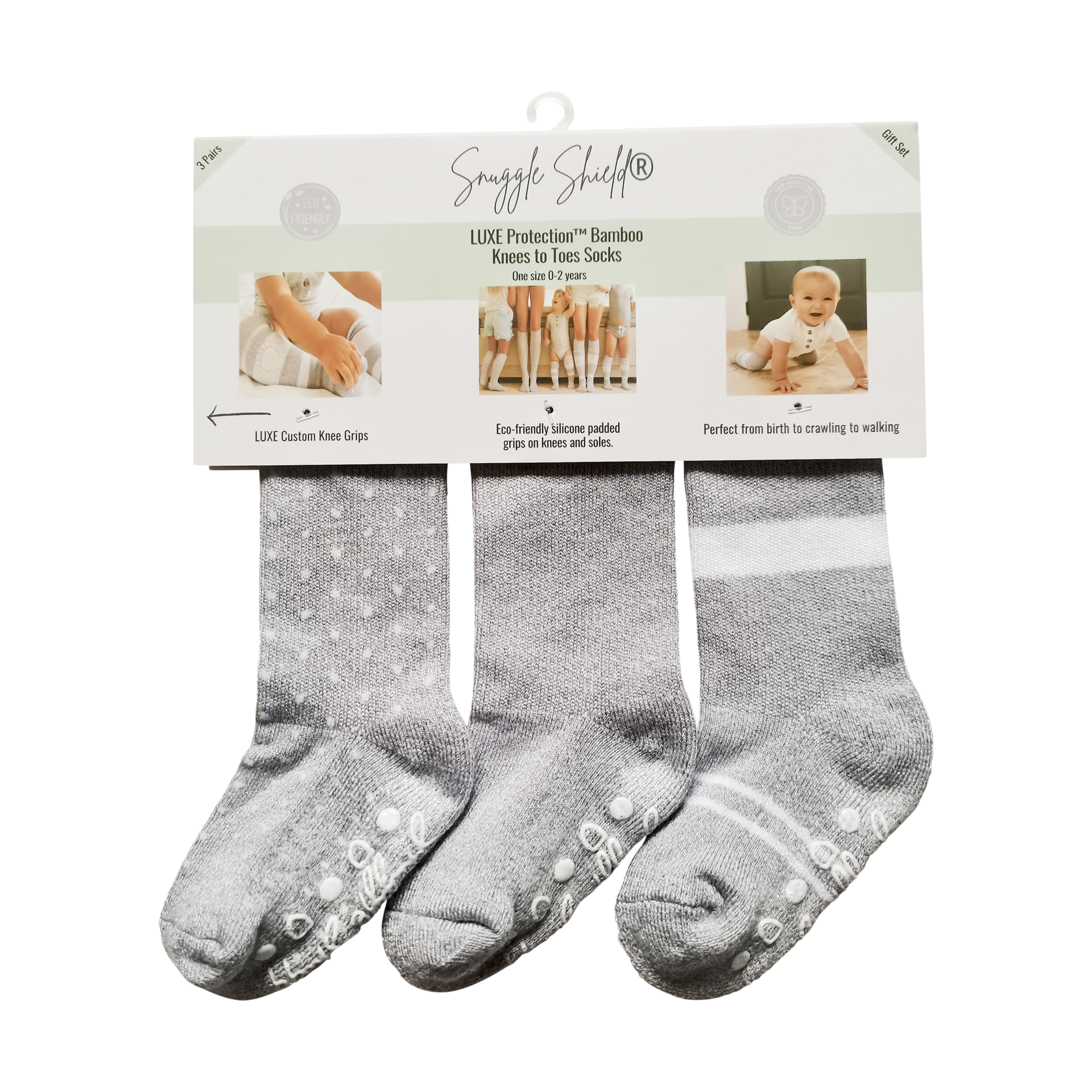 Snuggle Shield Knees to Toes Bamboo Socks 3 Pack - Grey Dots, Stripes ...