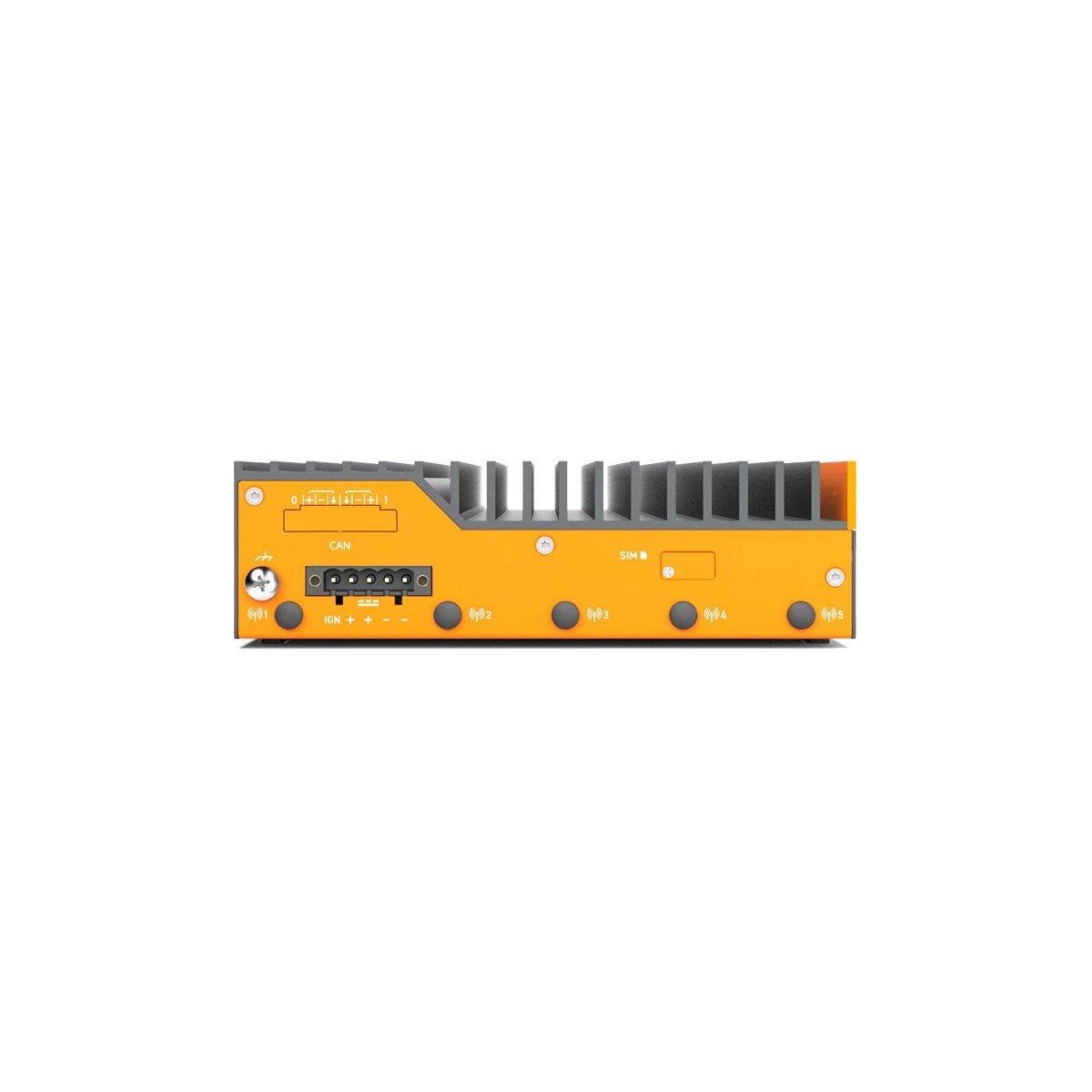 A top-down view of the K521 industrial computer, showing the orange ...