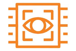 An orange icon of an eye on a computer processor.