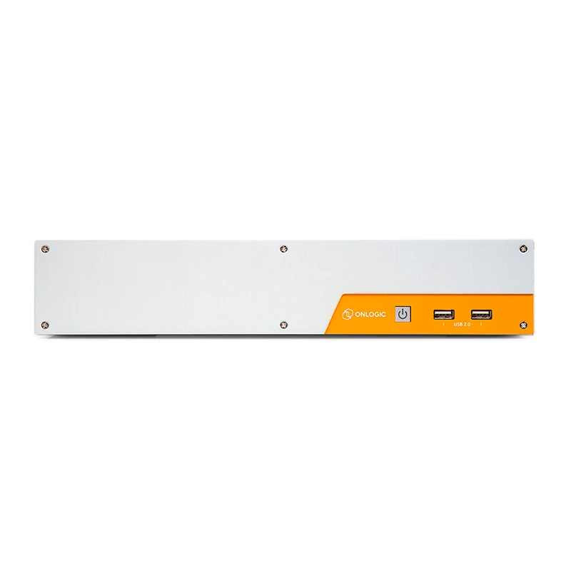 Front view OnLogic MC610-55 system with power button and usb ports
