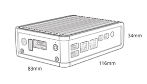 An OnLogic CL200 with dimensions depicting the ultra small form factor