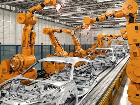 Robotics as part of smart factory automations building cars in a factory