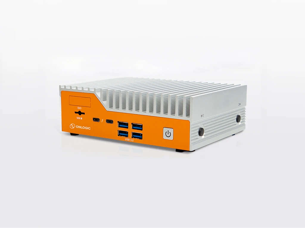 Image of a small form factor orange OnLogic HX401 industrial computer