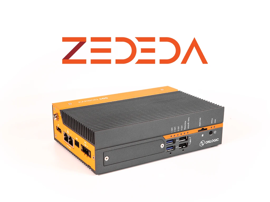 Small form factor rugged computer by OnLogic with Zededa logo
