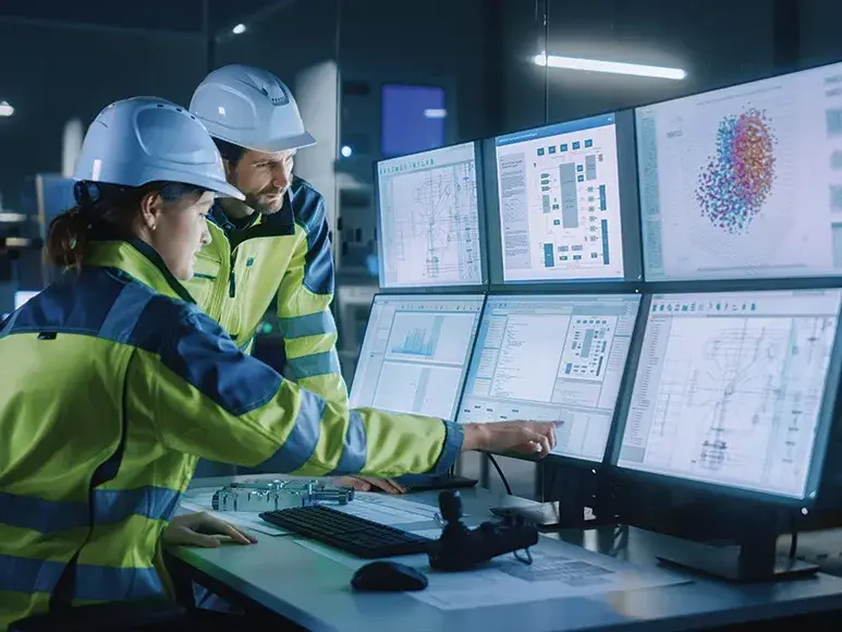 Factory workers in hard hats looking at factory automation SCADA control screens