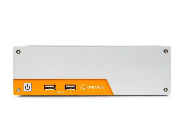 front of OnLogic's MC510-50 system with 2 USB 2.0 ports and power button