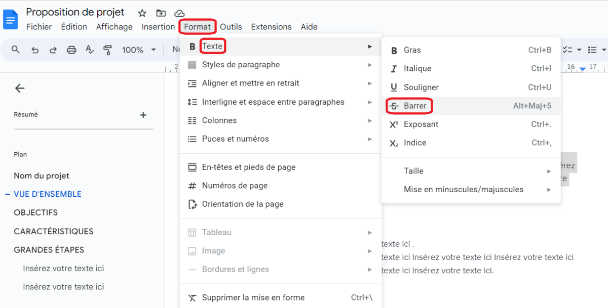 Comment barrer du texte dans Google Docs