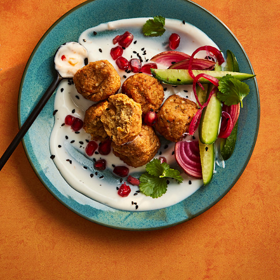 Roasted Aubergine & Middle Eastern Falafel Bake | Cauldron