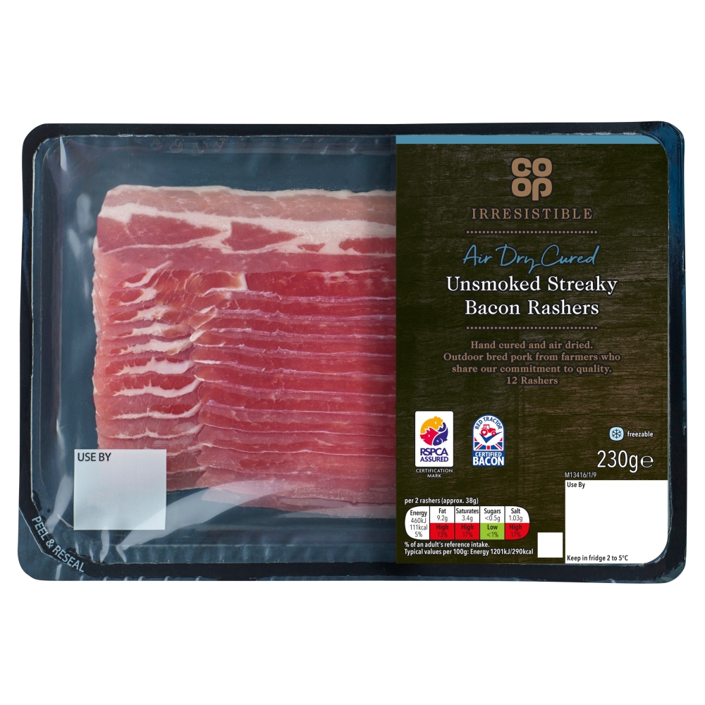 Co-op Irresistible Air Dry Cured Unsmoked Streaky Bacon 12 Rashers 230g ...