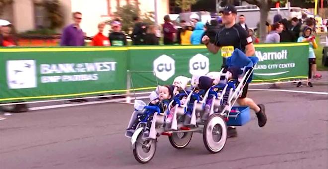 Dad Runs Marathons with His Quintuplets to Break Record