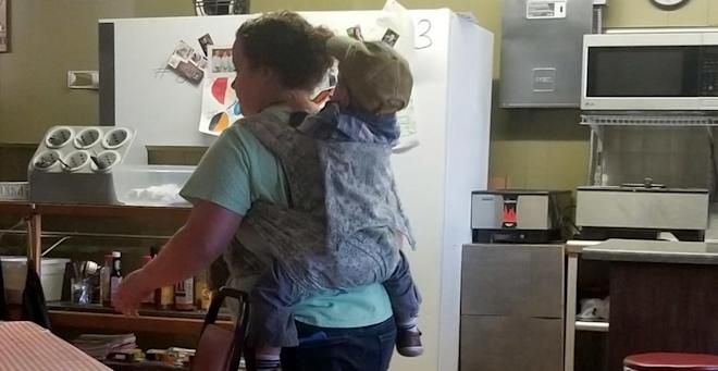 Mom Works Restaurant Shift While Babywearing