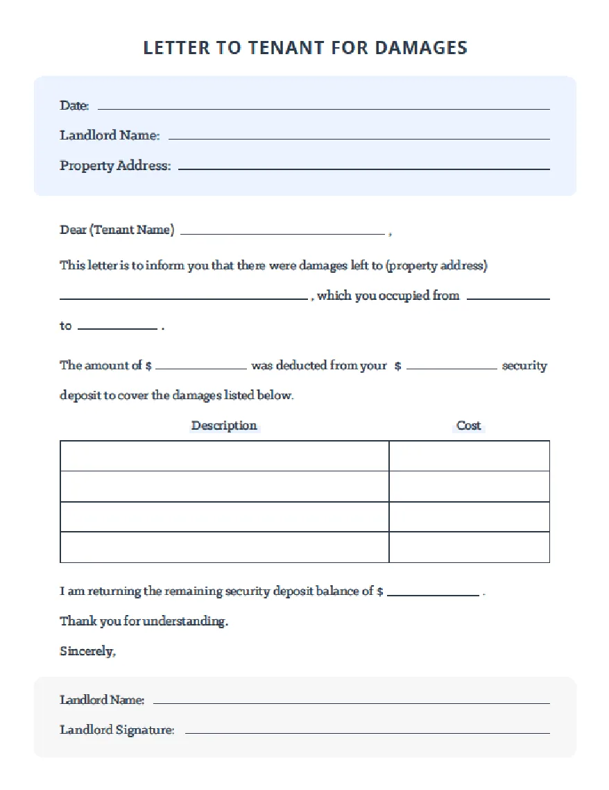 A sample letter from a landlord to the tenant for repairs