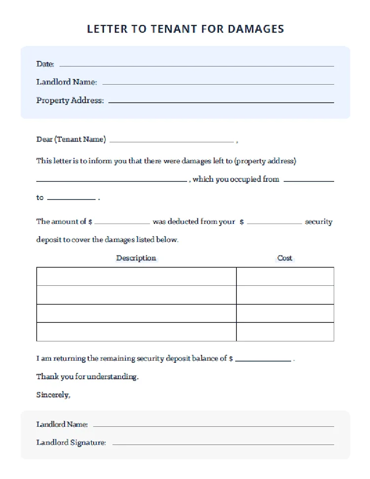 A sample letter from a landlord to the tenant for repairs