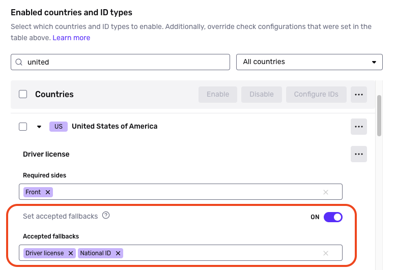 Set accepted fallback ID types for Government ID Verification