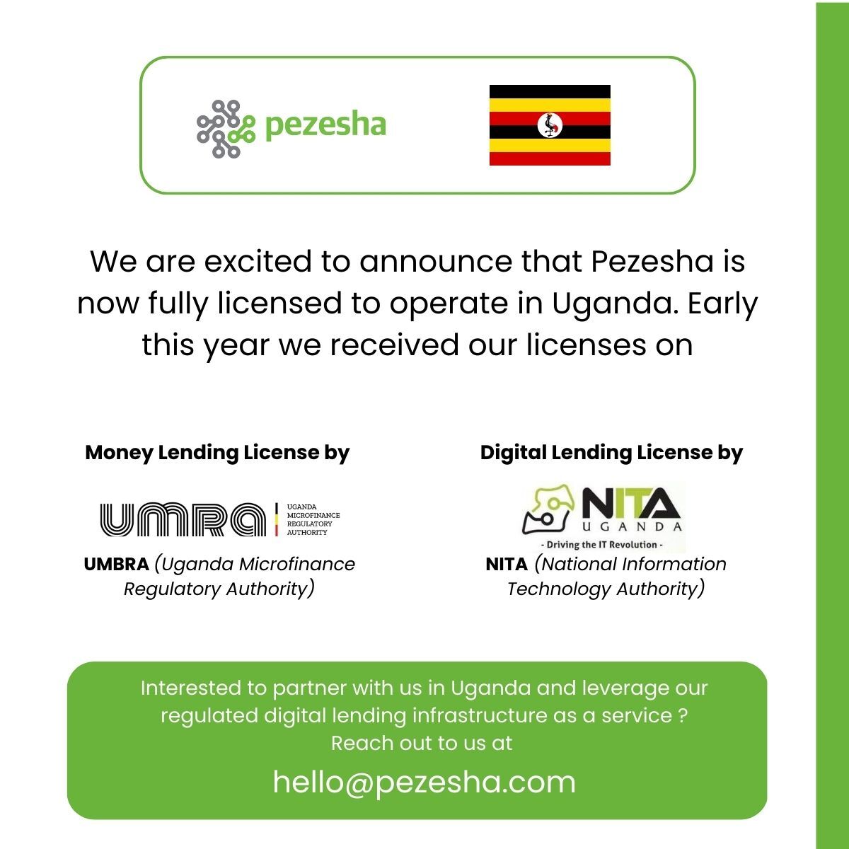 Pezesha is now fully licensed to operate in Uganda market | Pezesha Africa Limited