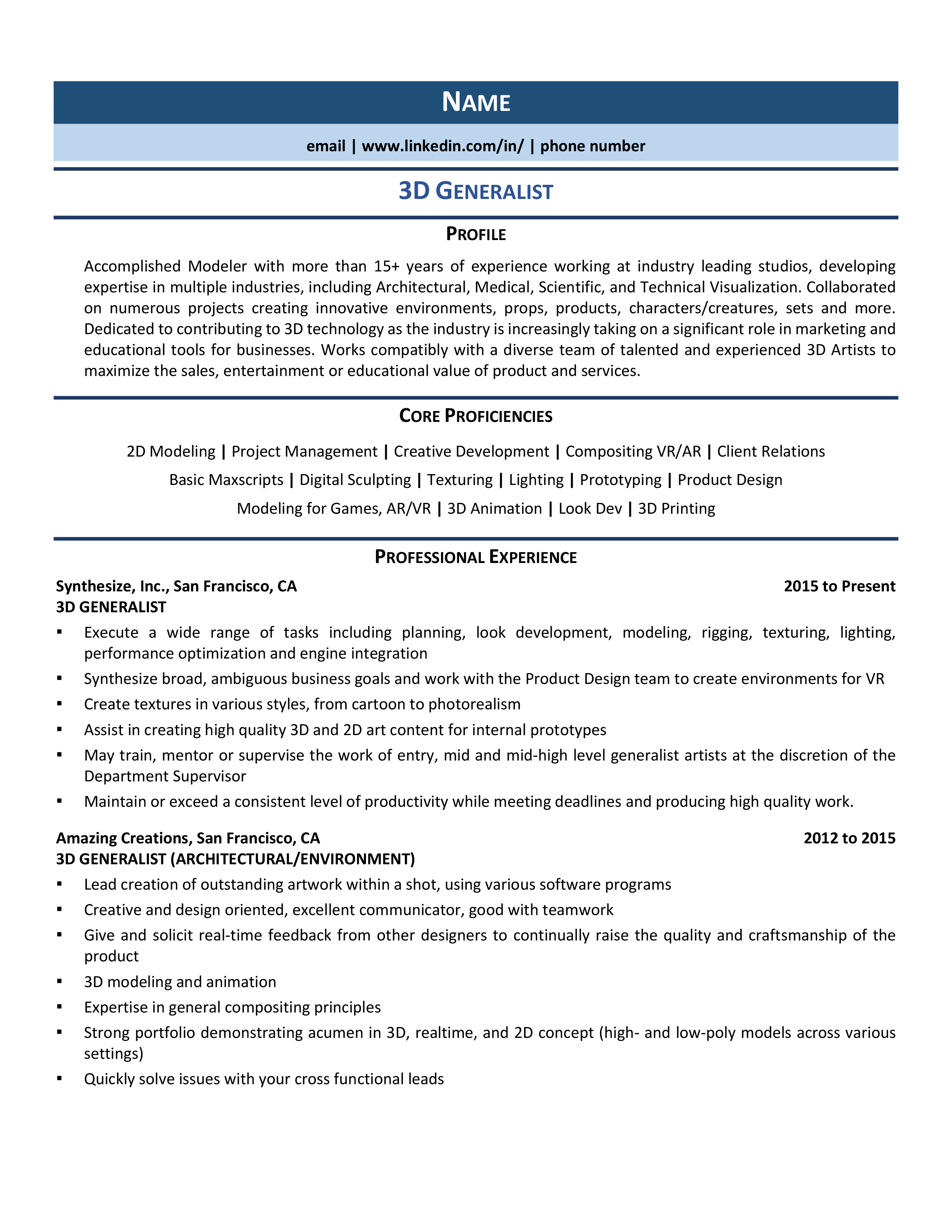 3D Generalist Resume Example, Tips & Tricks | ZipJob