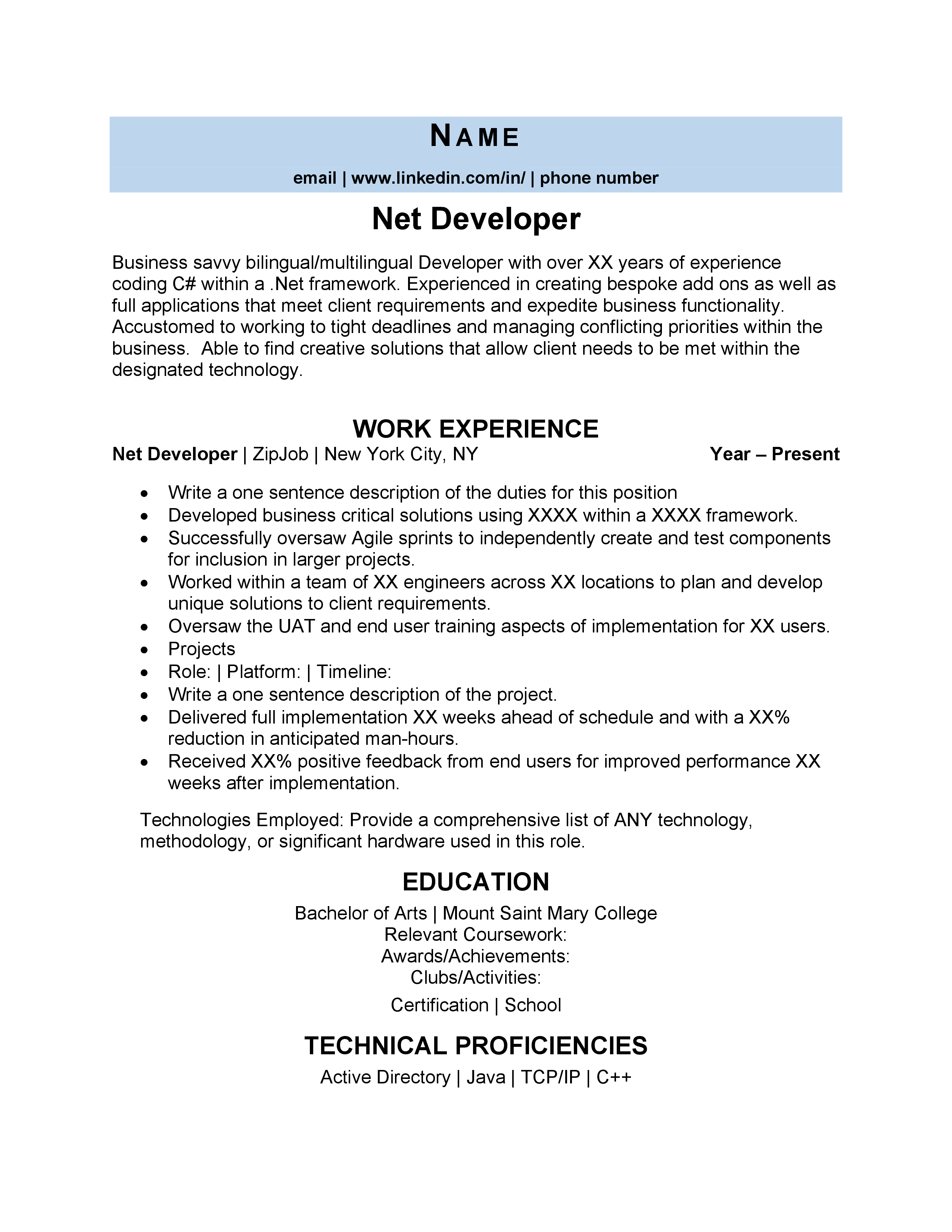 Net Developer Resume Example & Guide | ZipJob