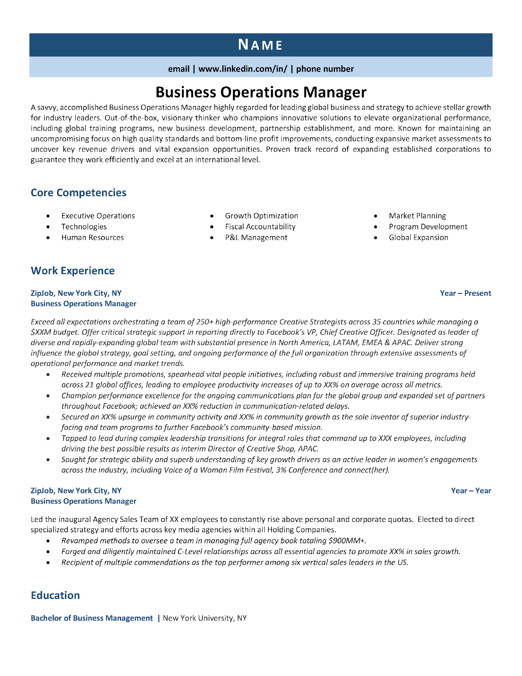 Business Operations Manager Resume Example Guide ZipJob business-operations-manager-resume-example-guide-zipjob