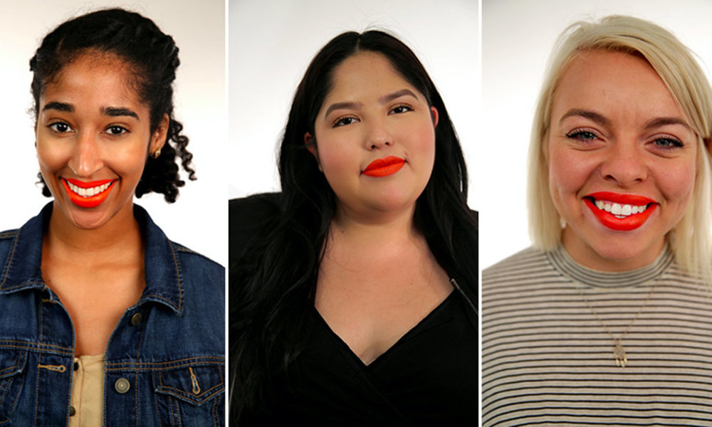 Here's how the same 3 lip colors look on 9 different skin tones ...