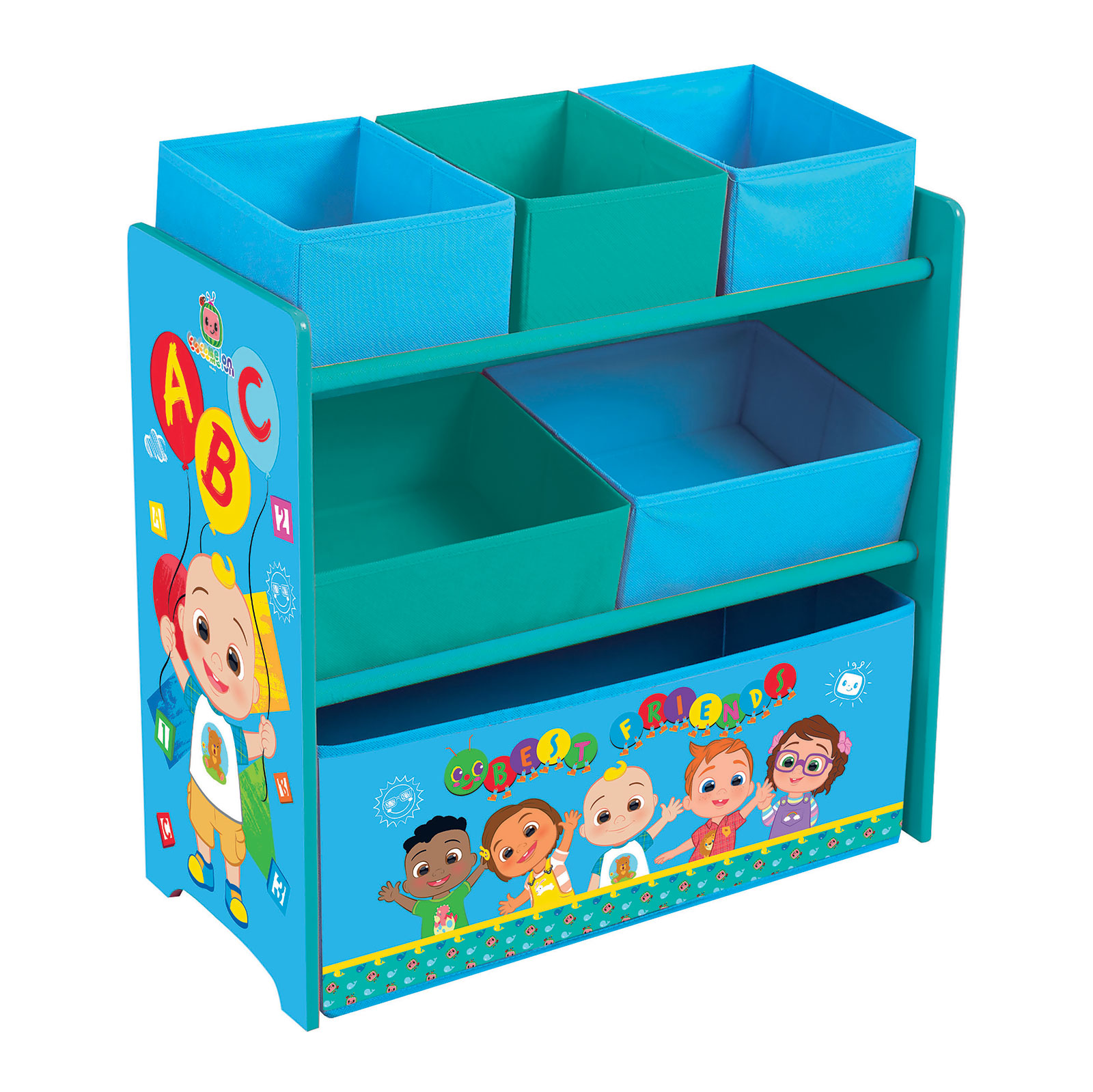 Cocomelon Wooden Toy Organiser with 6 Storage Bins Blue