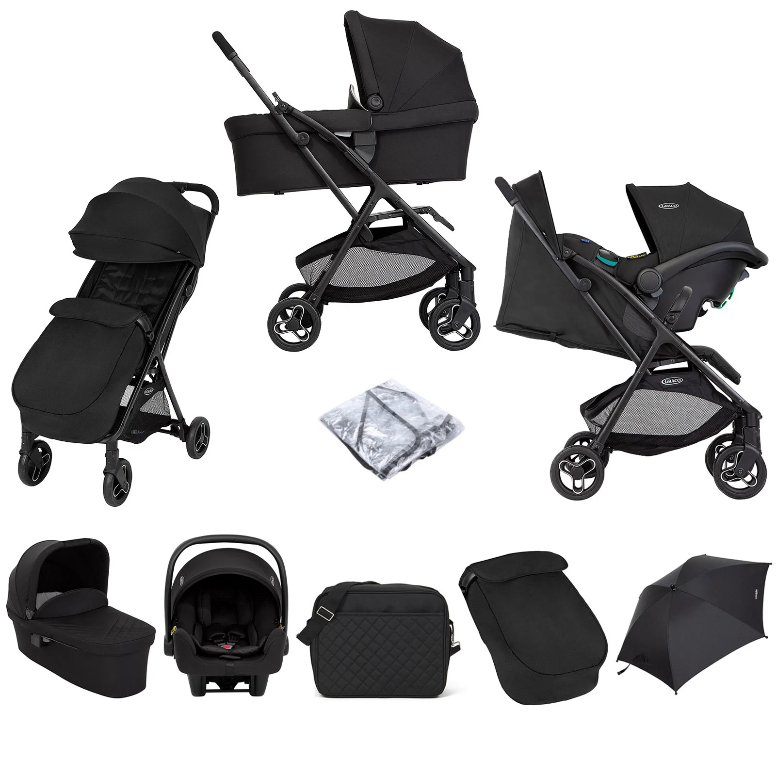Graco Arris Trio Myavo Travel System with Footmuff Carrycot Changing Bag Parasol Adapters Night Sky The Nursery Store