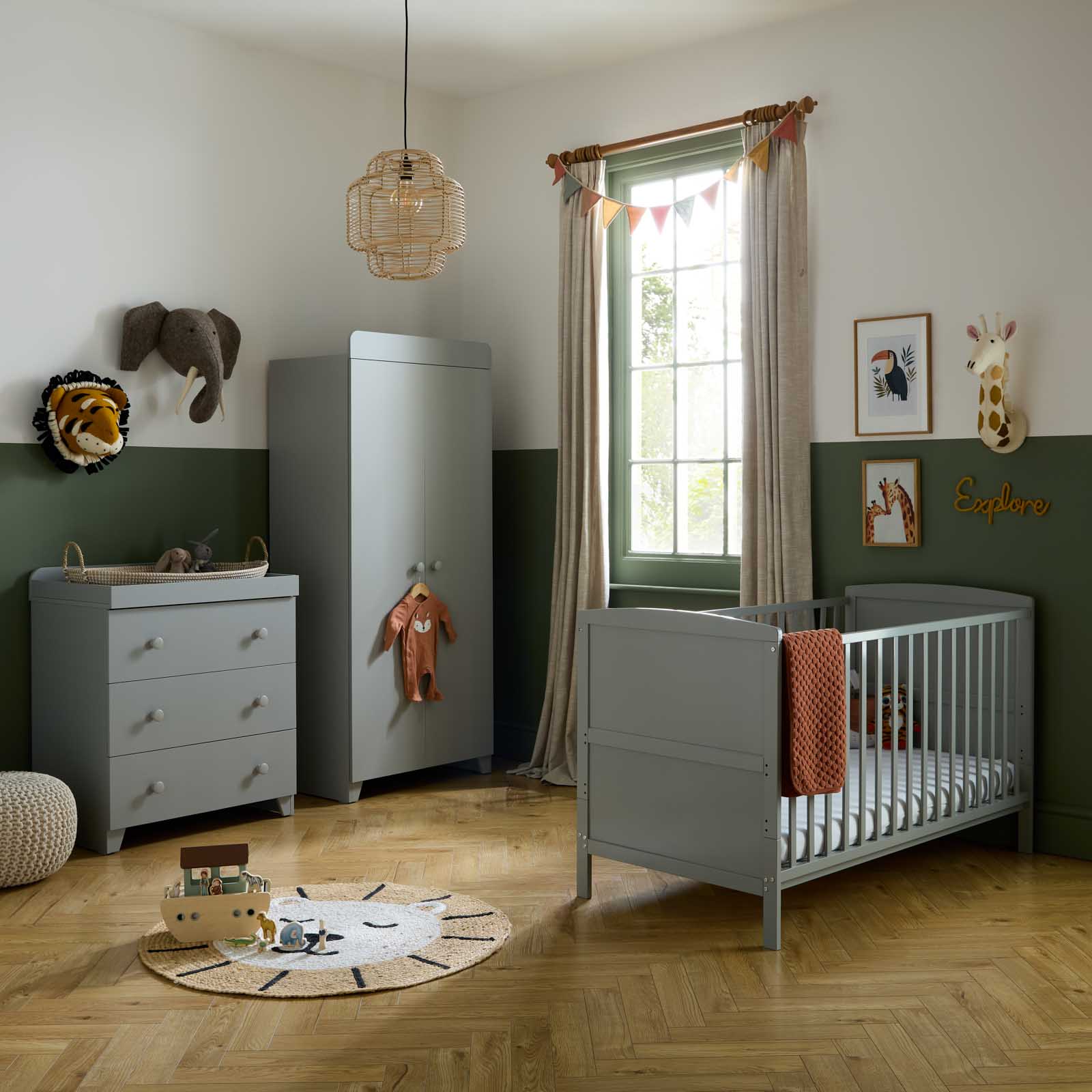 Puggle Henbury Cot Bed 5 Piece Nursery Furniture Set with 10cm Eco Fibre Mattress Classic Grey The Nursery Store