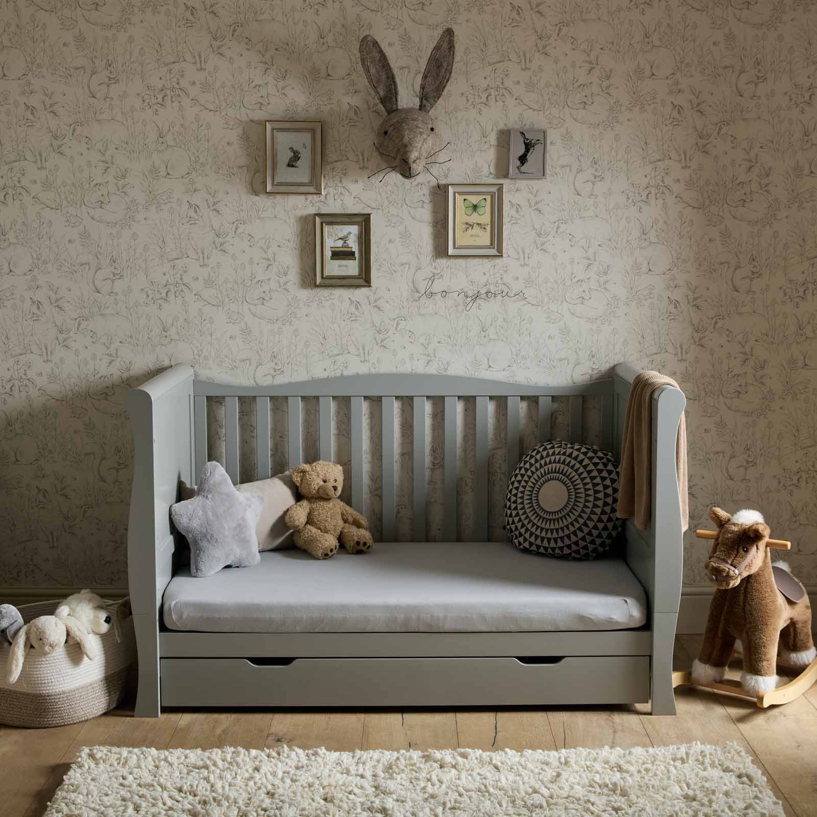 Puggle Prestbury Classic Deluxe Sleigh Cot Bed Drawer Classic Grey The Nursery Store
