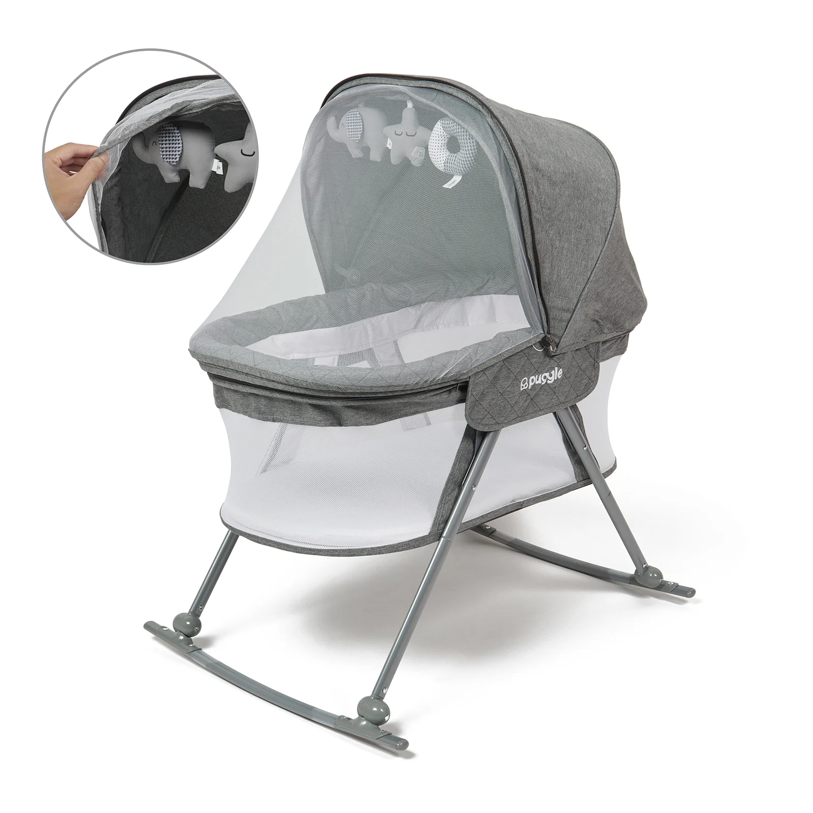 Puggle Sleepy Rocking Crib with 3 Toys - Graphite Grey | The Nursery Store